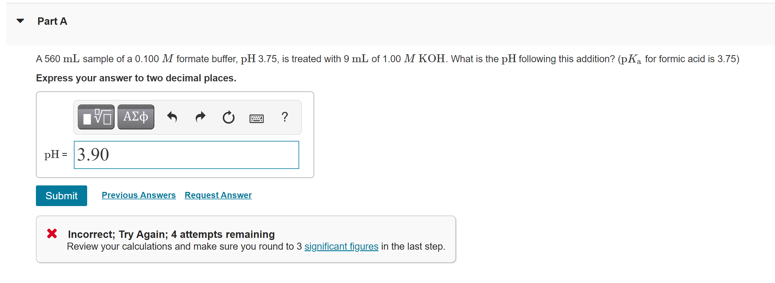 Solved Part A A 560 mL sample of a 0.100 M formate buffer, | Chegg.com