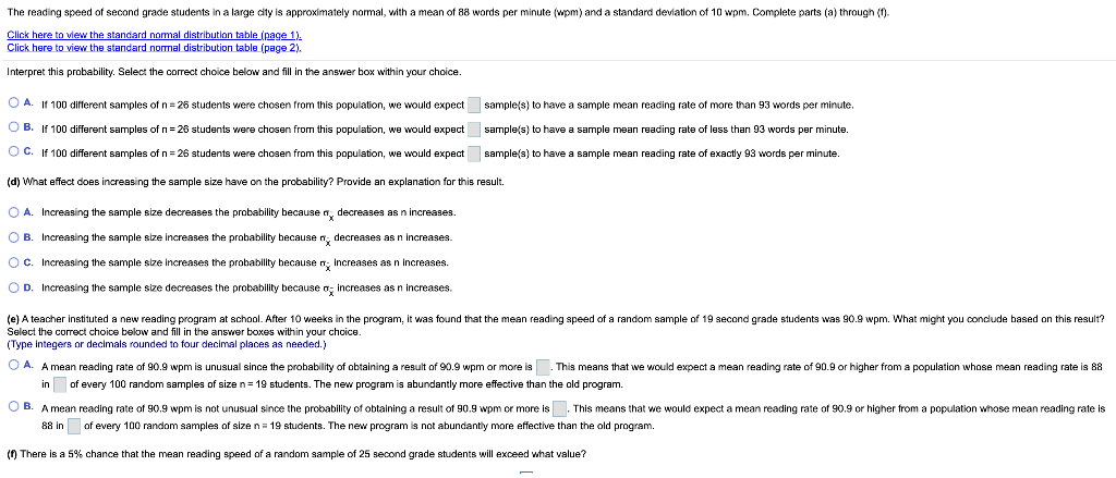 Solved The reading speed of second grade students in a large | Chegg.com