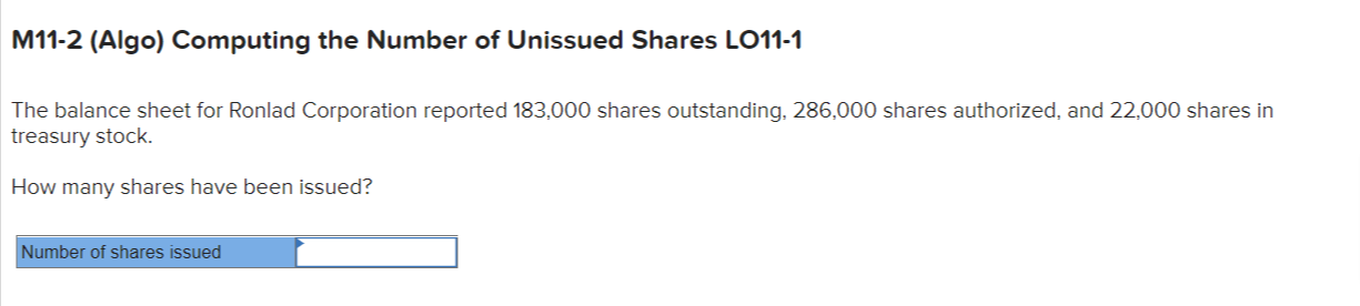 Solved M11-2 (Algo) Computing the Number of Unissued Shares | Chegg.com