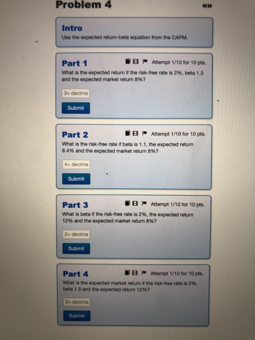 Solved Problem 4 4M Intro Use the expected return-beta | Chegg.com