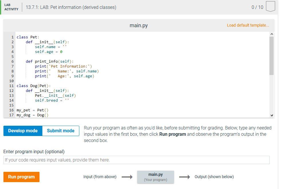 Solved LAB ACTIVITY 13.7.1: LAB: Pet information (derived | Chegg.com