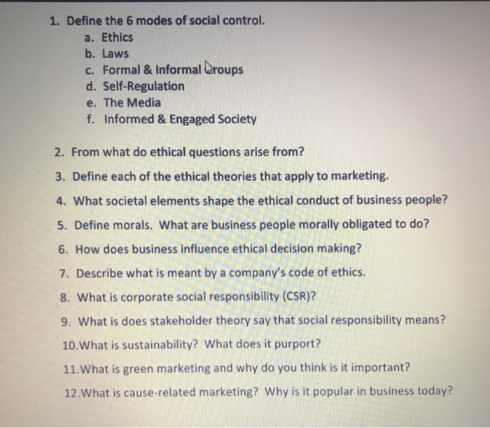 1. Define the 6 modes of social control. a. Ethics b. | Chegg.com