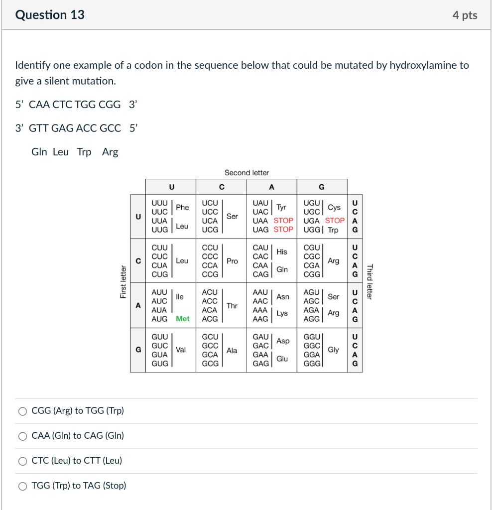 Solved Question 13 4 pts Identify one example of a codon in | Chegg.com