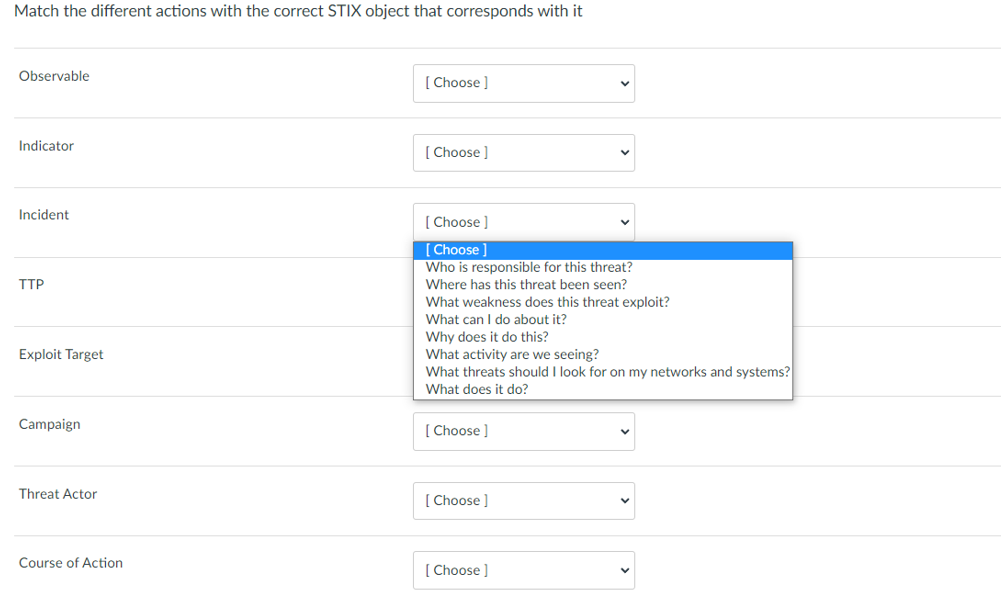 Solved Match the different actions with the correct STIX | Chegg.com