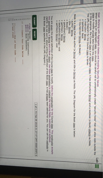 Solved Goal: Working with Aggregate classes and Avoiding | Chegg.com