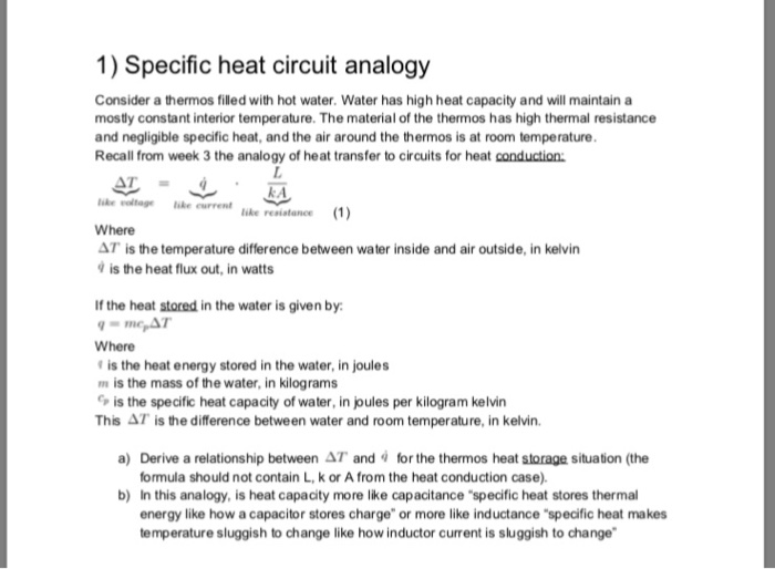 Solved 1) Specific heat circuit analogy Consider a thermos | Chegg.com