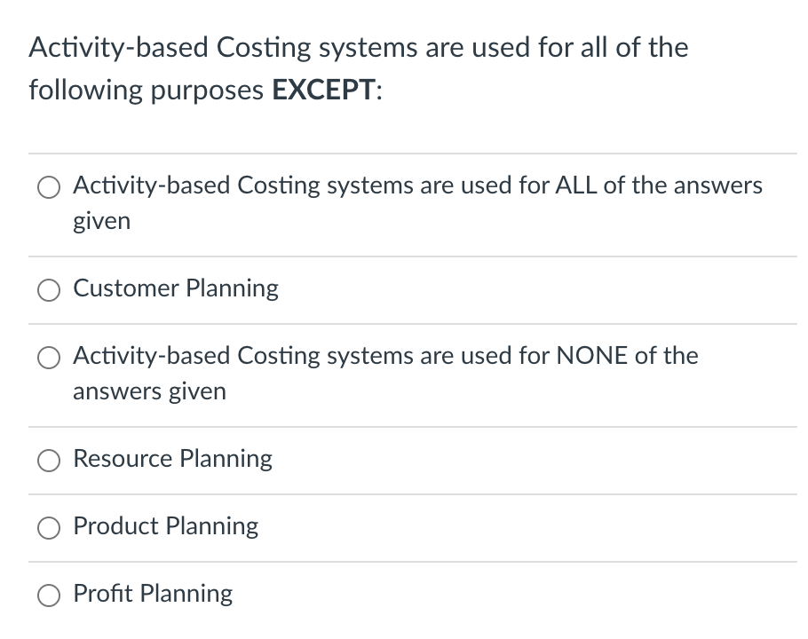 Solved Activity-based Costing systems are used for all of | Chegg.com