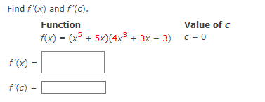 Solved Find f′(x) and f′(c) Function Value of c | Chegg.com