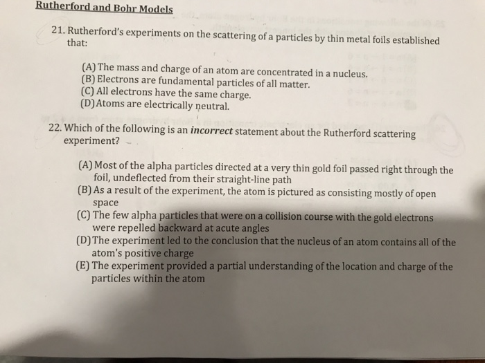 Solved Rutherford and Bohr Models 21. Rutherford's | Chegg.com