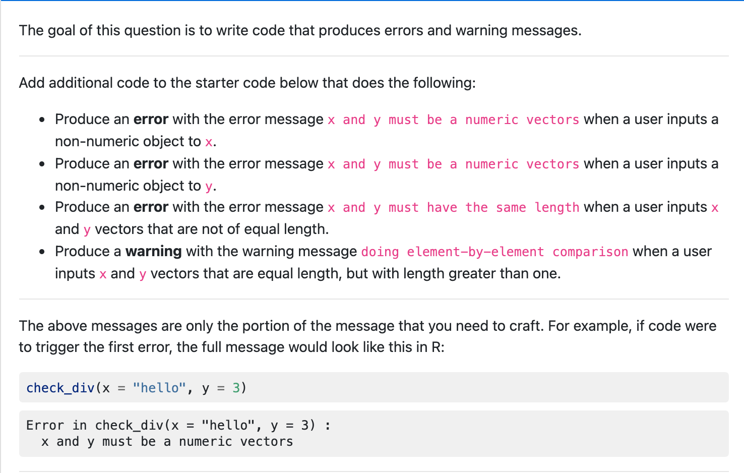 Solved CODE IS RSTUDIO: Creating Warnings and Errors The | Chegg.com