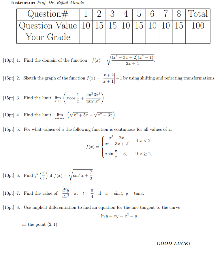 Solved Instructor: Prof. Dr. Refail Alizade Question# 1 2 3 | Chegg.com