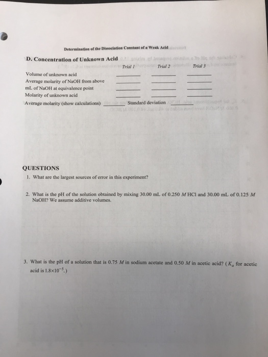 Solved Determination Of The Dissociation Constant Of A