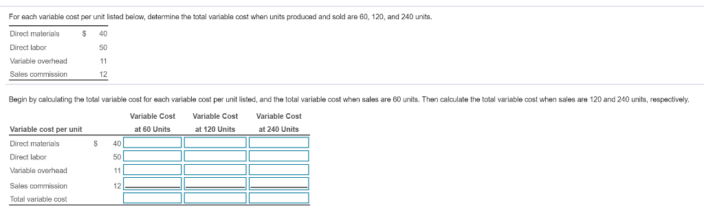 Solved For each variable cost per unit listed below, | Chegg.com
