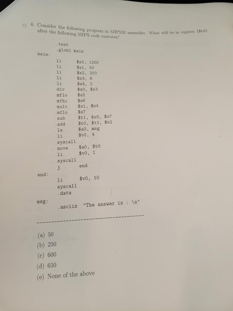 6 Consider The Following Program In Mips32 