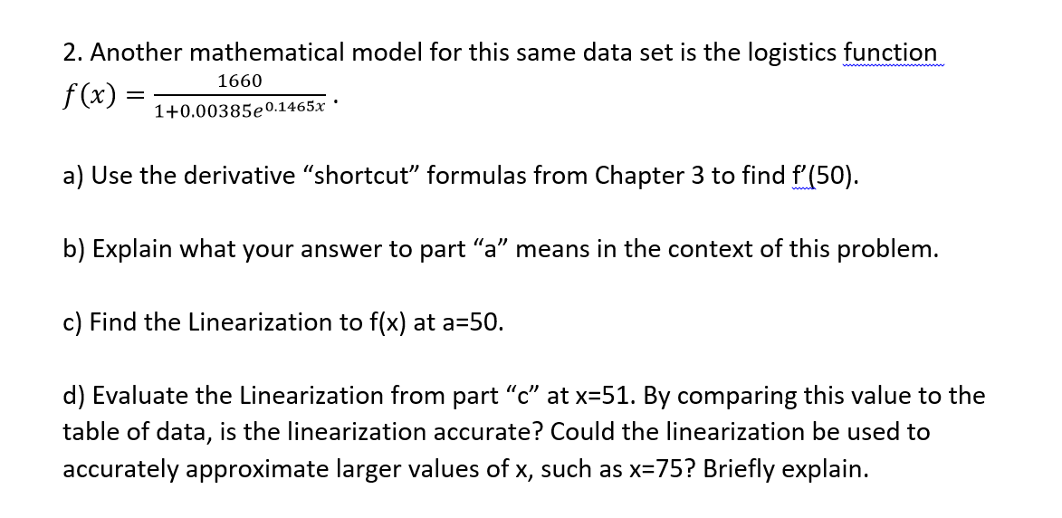 Solved 2. Another mathematical model for this same data set | Chegg.com