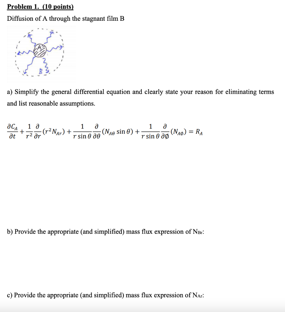 Solved Problem 1. (10 points) Diffusion of A through the | Chegg.com