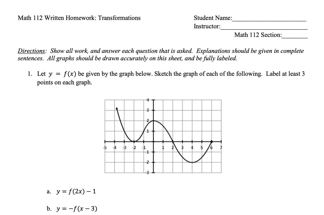 Solved Math 112 Written Homework: Transformations Student | Chegg.com