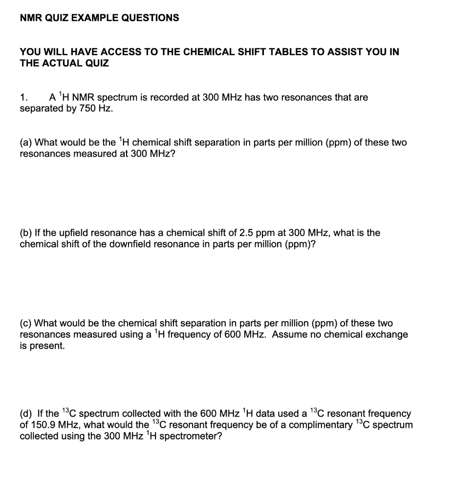 Solved NMR QUIZ EXAMPLE QUESTIONS YOU WILL HAVE ACCESS TO | Chegg.com