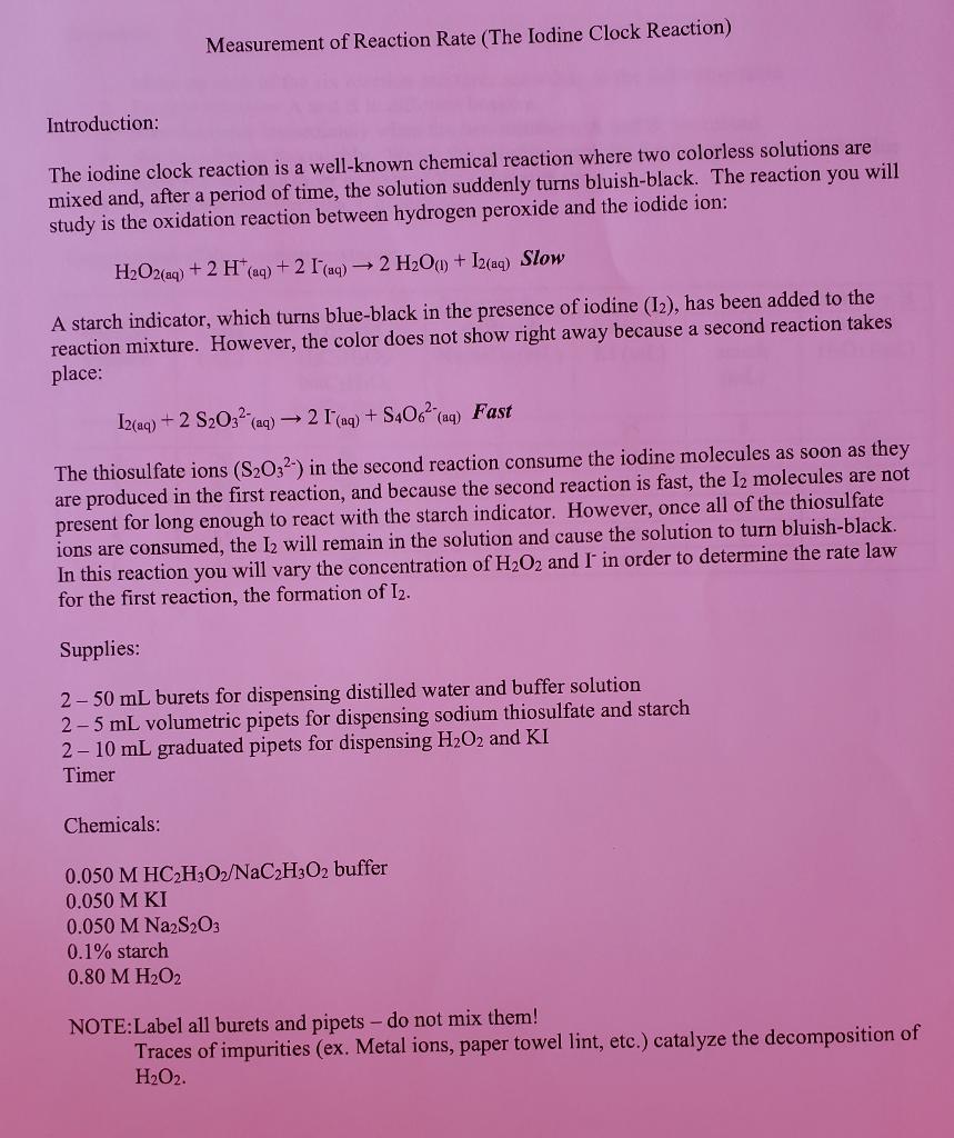 Solved Measurement of Reaction Rate (The Iodine Clock | Chegg.com