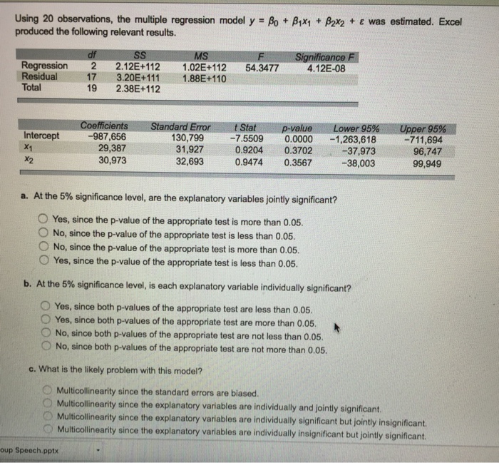 Solved Using 20 observations, the multiple regression model | Chegg.com