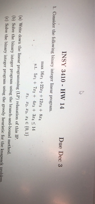Solved INSY 3410 HW 14 Due Dec 3 1. Consider the following | Chegg.com