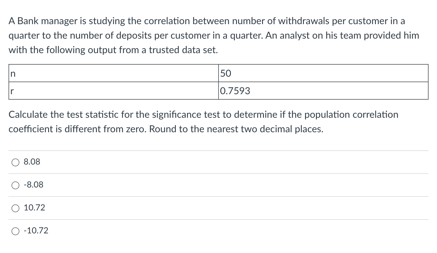 Solved A Bank manager is studying the correlation between | Chegg.com