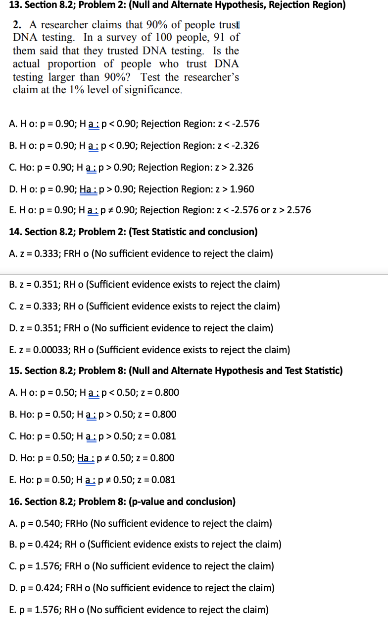 Solved Section 8.2; Problem 2: (Null and Alternate | Chegg.com