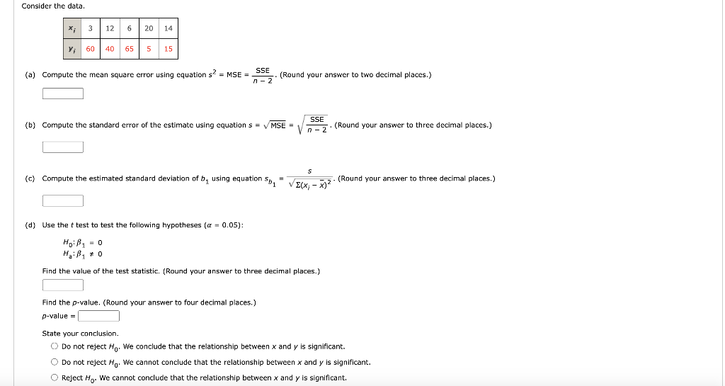 Solved Consider the data. (a) Compute the mean square error | Chegg.com