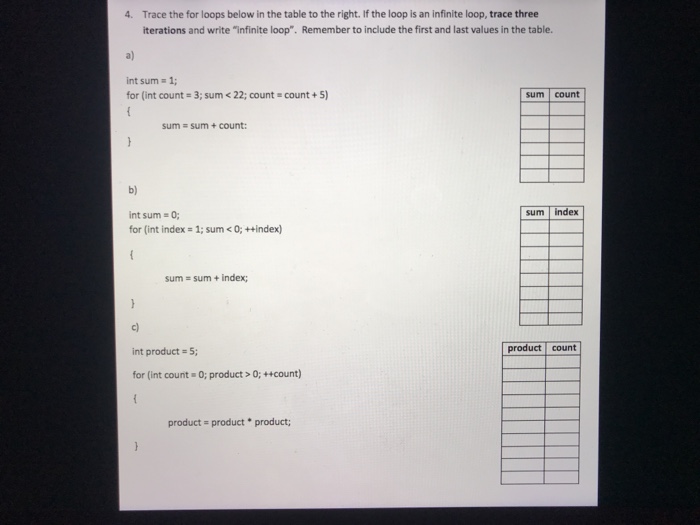 Solved 4. Trace the for loops below in the table to the | Chegg.com