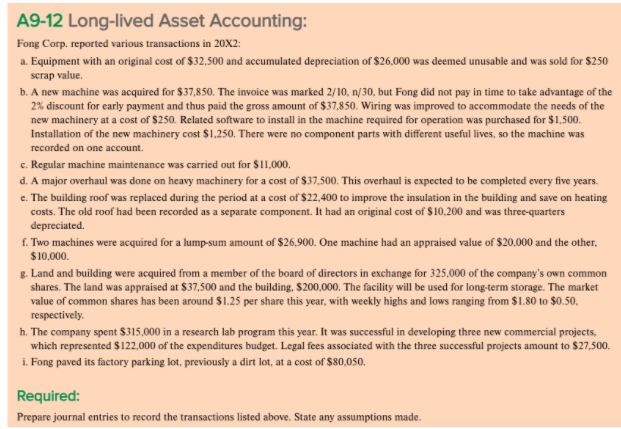 Solved A9-12 Long-lived Asset Accounting: Fong Corp. | Chegg.com