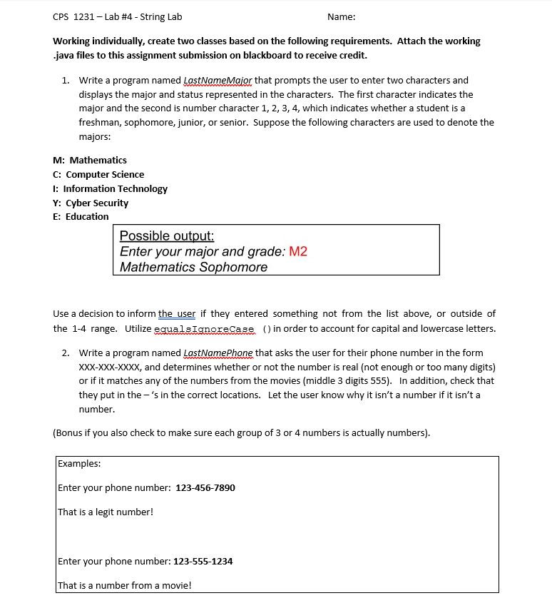Solved CPS 1231 - Lab #4 - String Lab Name: Working | Chegg.com