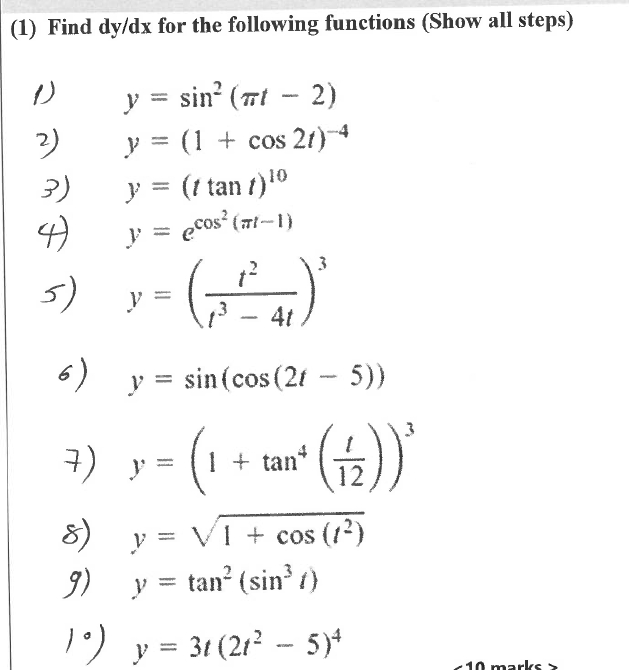 (1) ﻿Find dydx ﻿for the following functions (Show all | Chegg.com