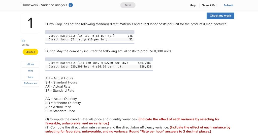 Solved Homework - Variance analysis Saved Help Save & Exit | Chegg.com