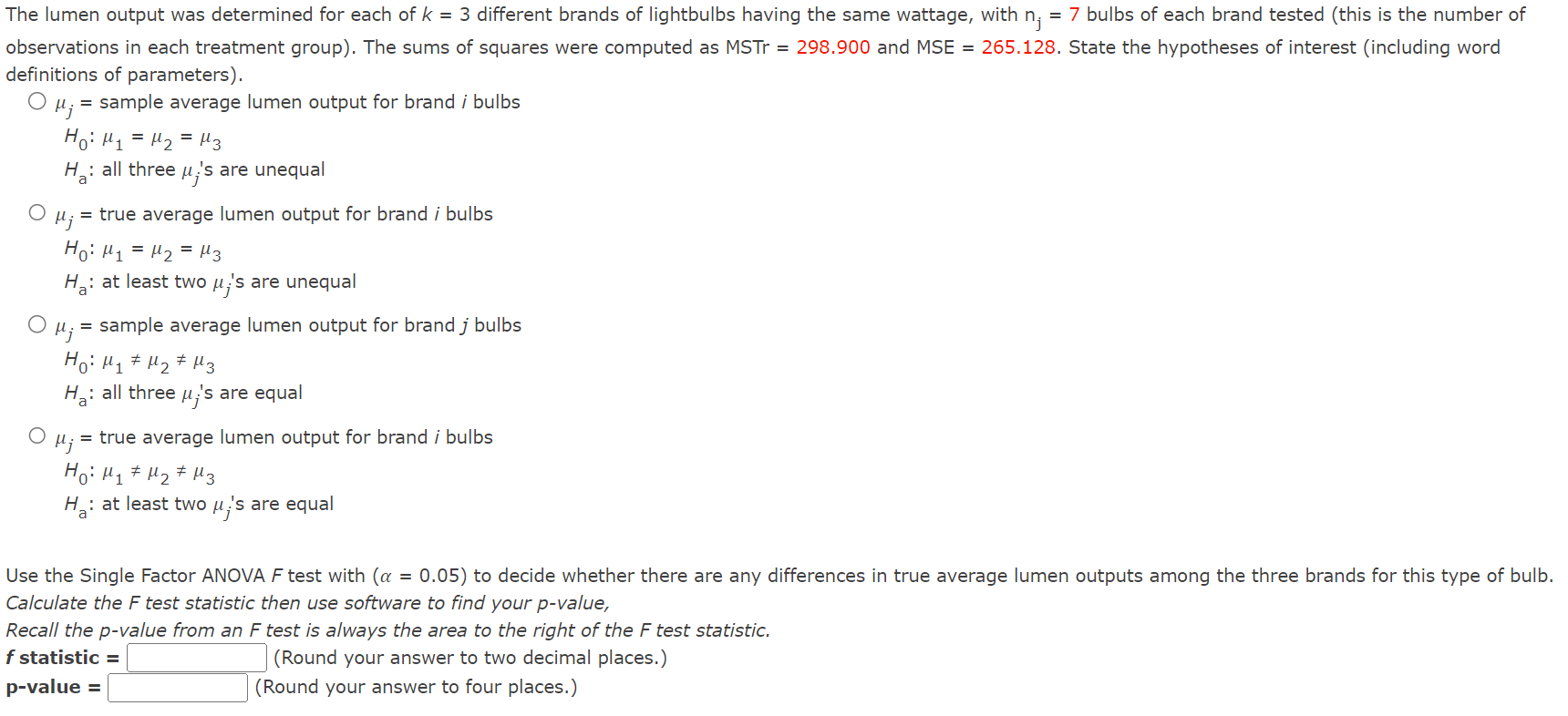 Solved The lumen output was determined for each of k=3 | Chegg.com