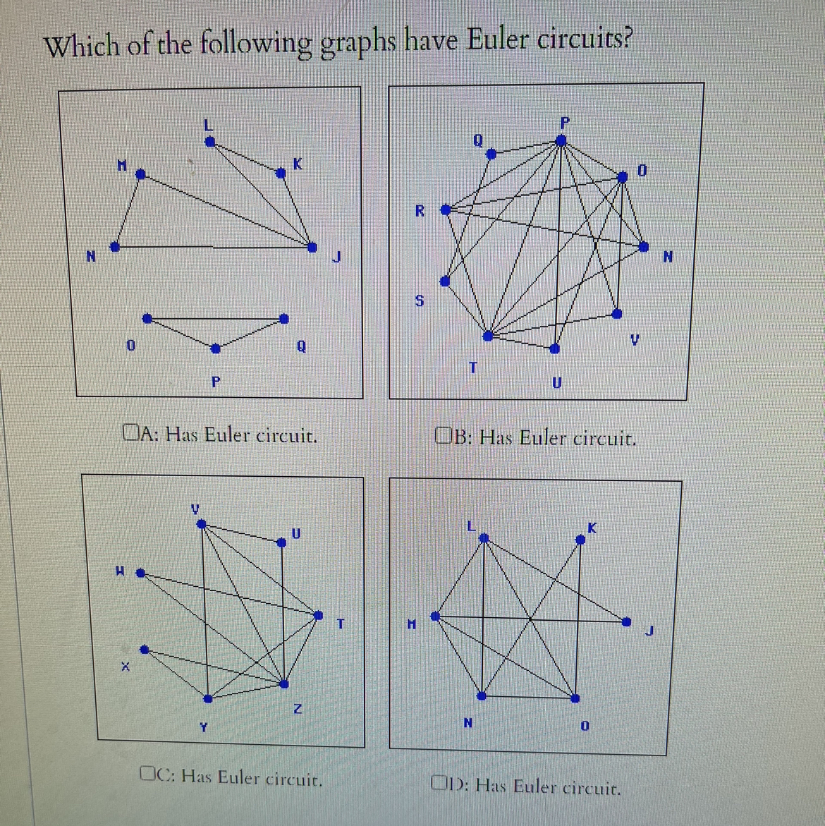 Solved Which of the following graphs have Euler circuits? A: | Chegg.com