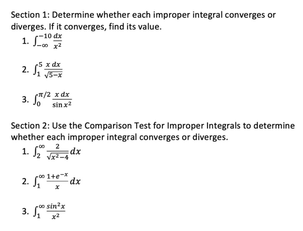 Solved Section 1: Determine whether each improper integral | Chegg.com