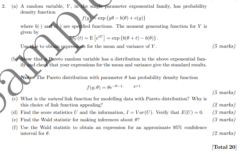 Solved 2. (a) A random variable, Y, in the single-parameter | Chegg.com