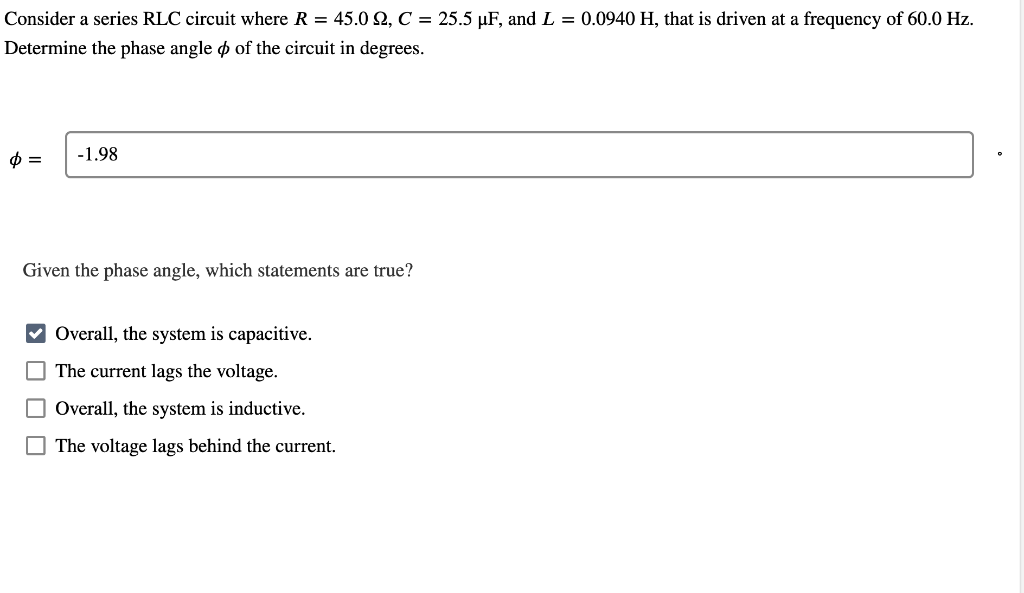 Solved Consider a series RLC circuit where R=45.0Ω,C=25.5μF, | Chegg.com