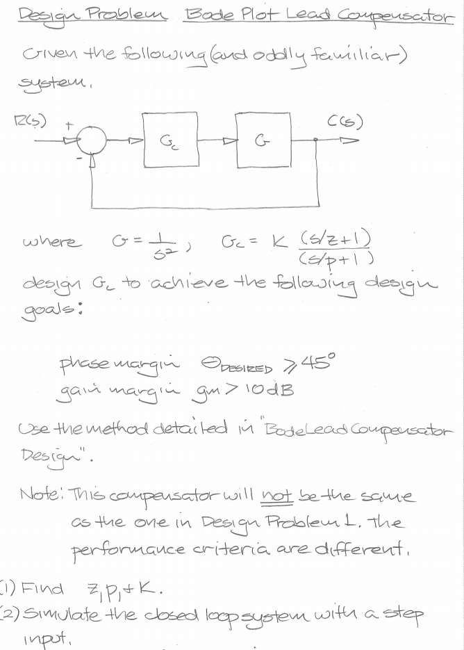 Solved Design Problem Bode Plot Lead Compensator Given the | Chegg.com