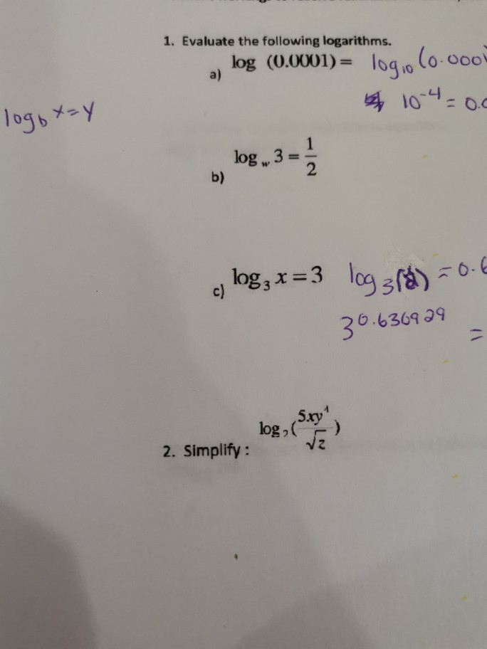 Solved 1. Evaluate the following logarithms a) log | Chegg.com