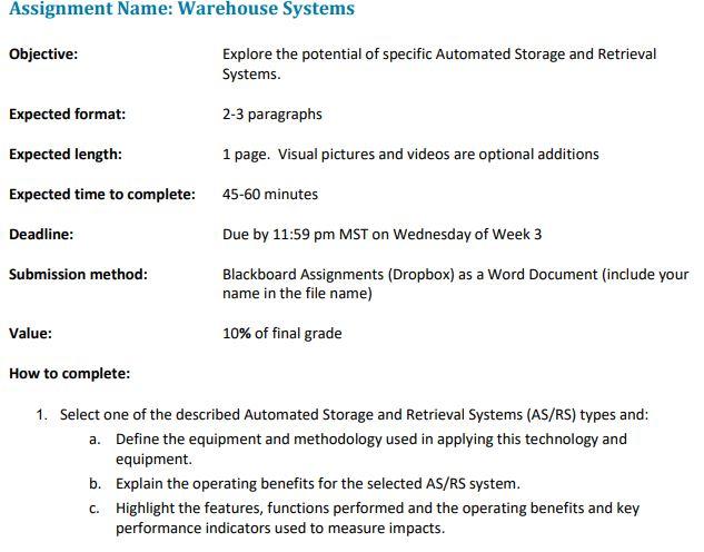 Solved Assignment Name: Warehouse Systems Objective: Explore | Chegg.com