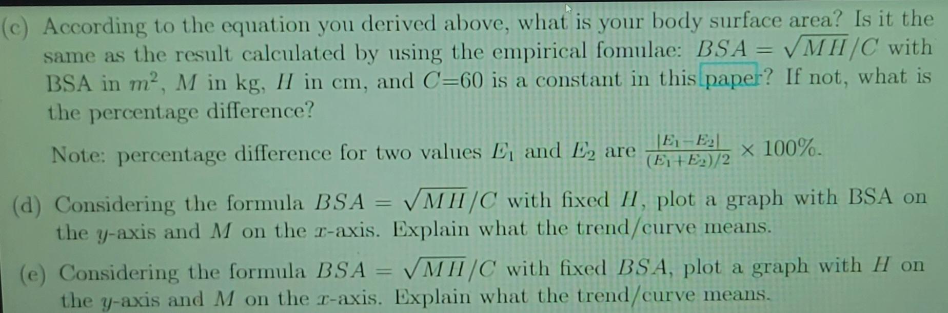 Solved 5. Body Surface Area -adapted from the Redlarski’s | Chegg.com