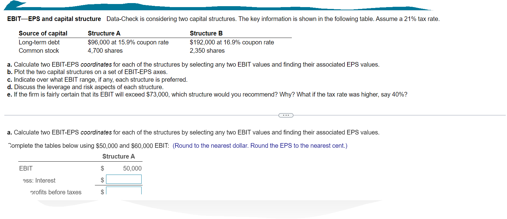 Solved EBIT—EPS and capital structure Data-Check is | Chegg.com