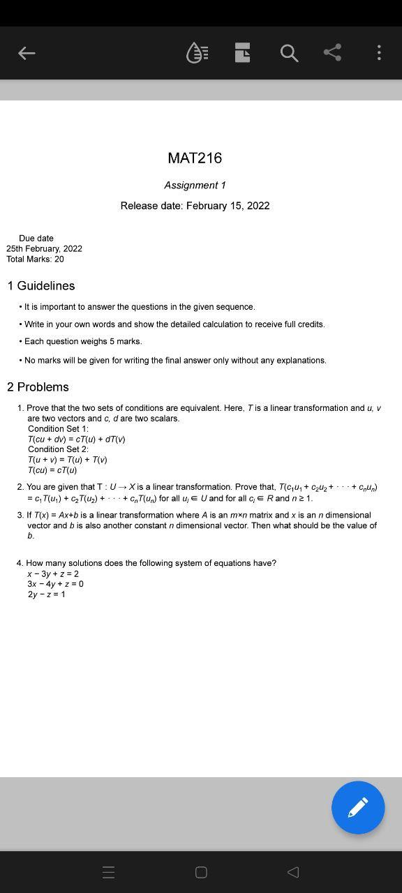 Solved H a MAT216 Assignment 1 Release date: February 15, | Chegg.com