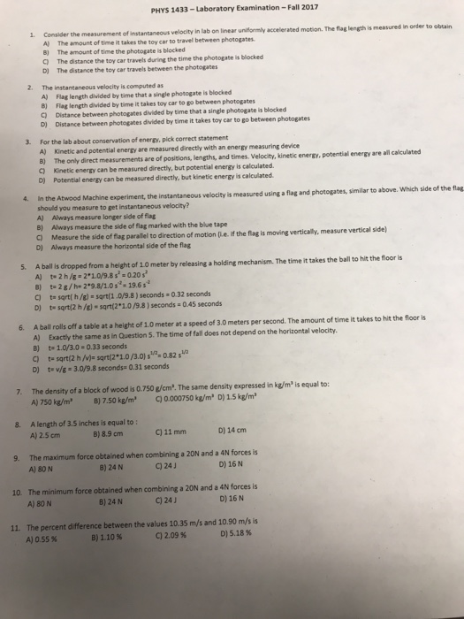 PHYS 1433-Laboratory Examination-Fall 2017 1. | Chegg.com