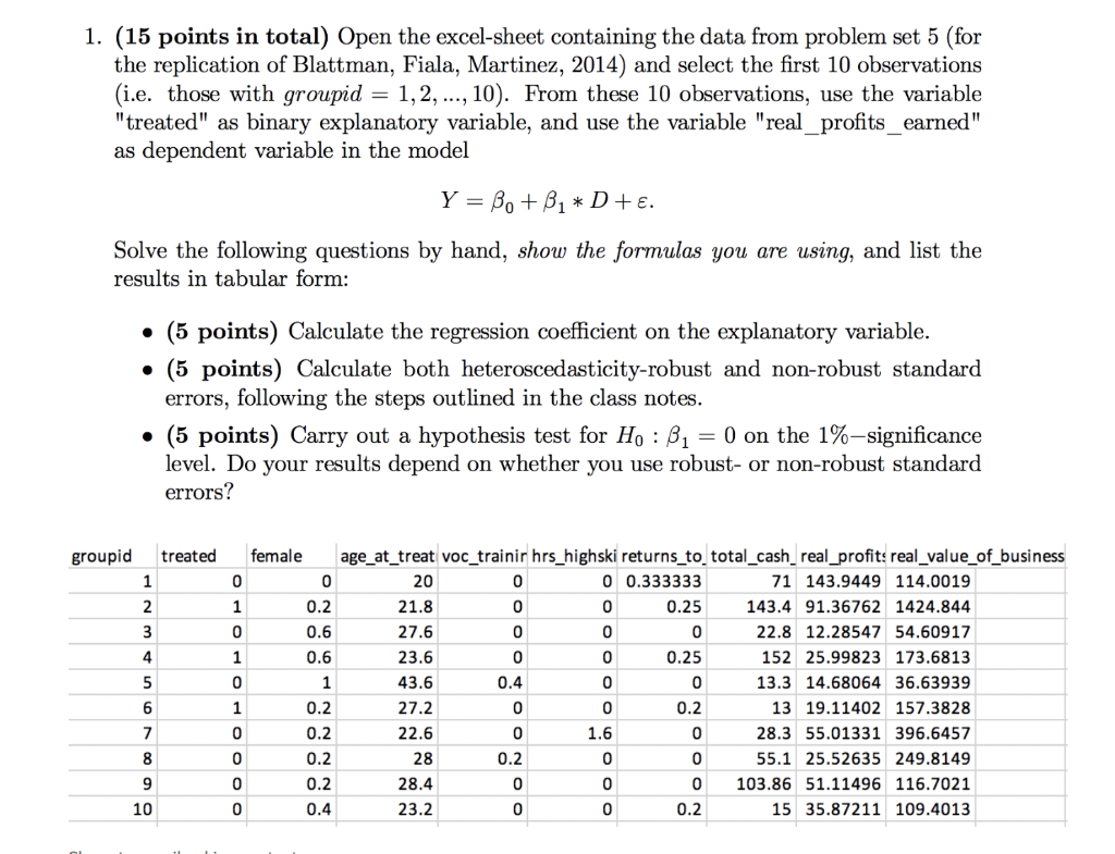 1. (15 points in total) Open the excel-sheet | Chegg.com