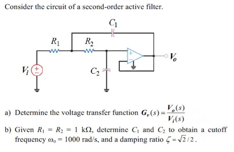 Solved Consider the circuit of a second-order active filter. | Chegg.com