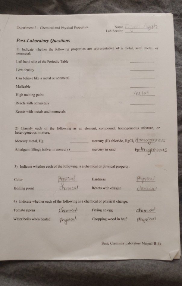Solved Experiment 3 - Chemical and Physical Properties Name | Chegg.com