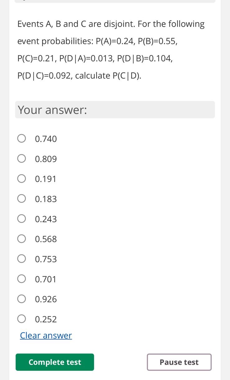 Solved Events A,B ﻿and C ﻿are disjoint. For the | Chegg.com