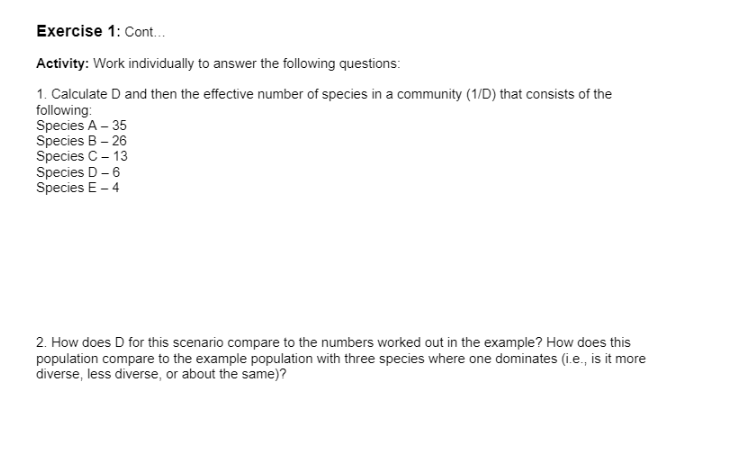Solved Exercise 1: Practice calculating diversity with | Chegg.com